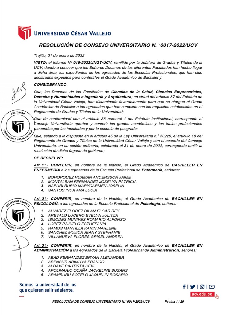Rcu. #0017-2022-Ucv - Grado Lima Norte | PDF | Cueva | Titulo academico