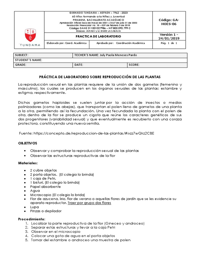 Práctica Sobre Reproducción en Plantas | Descargar gratis PDF | Flores | Reproducción