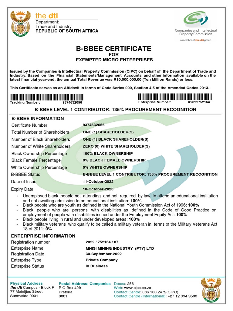 The Dti: B-Bbee Certificate | PDF | Justice | Crime & Violence