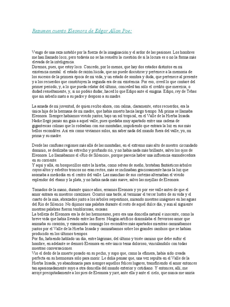 Resumen Cuento Eleonora de Edgar Allan Poe | PDF