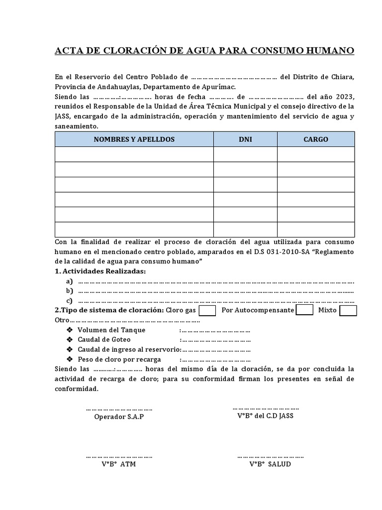 Acta de Cloración Jass | PDF