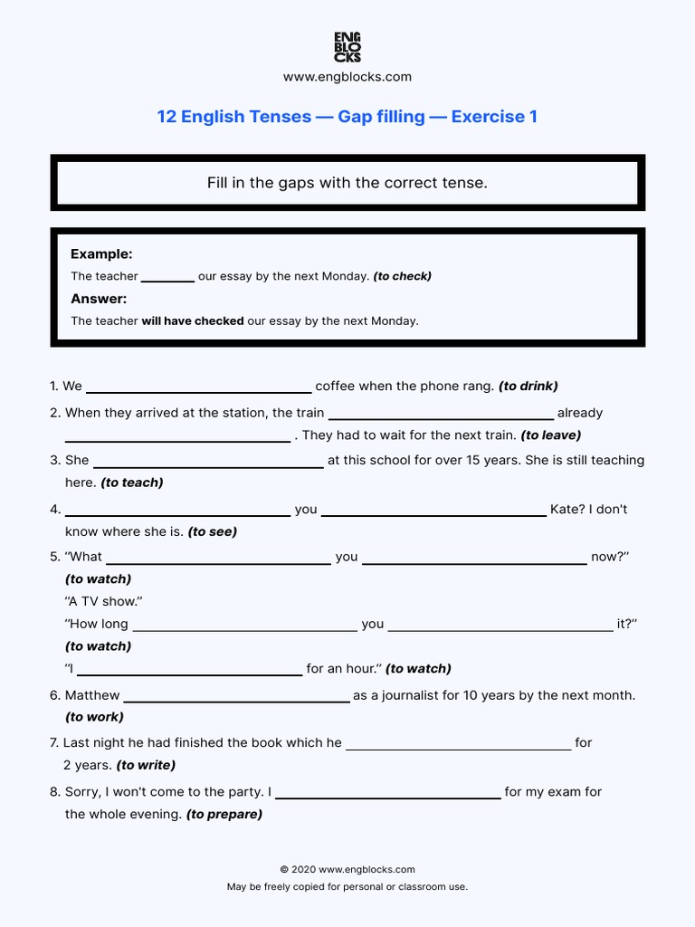 12 English Tenses Gap Filling Exercise 1 | PDF