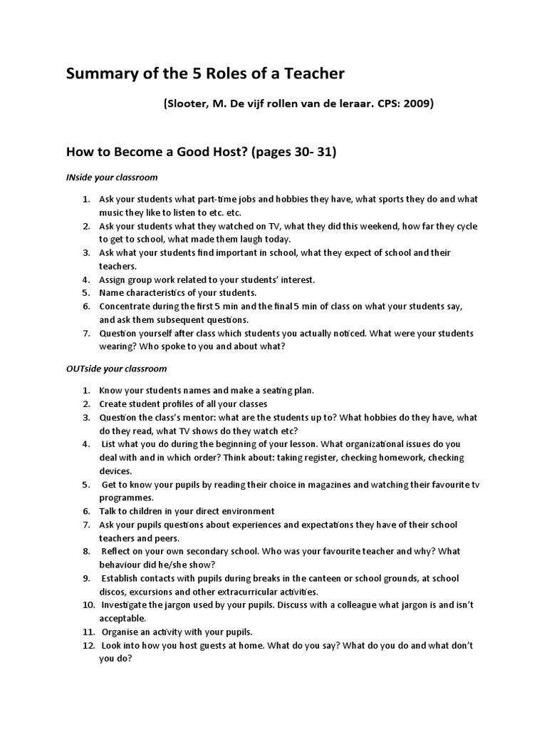 5 Roles Overview Slooter | PDF | Lesson Plan | Curriculum