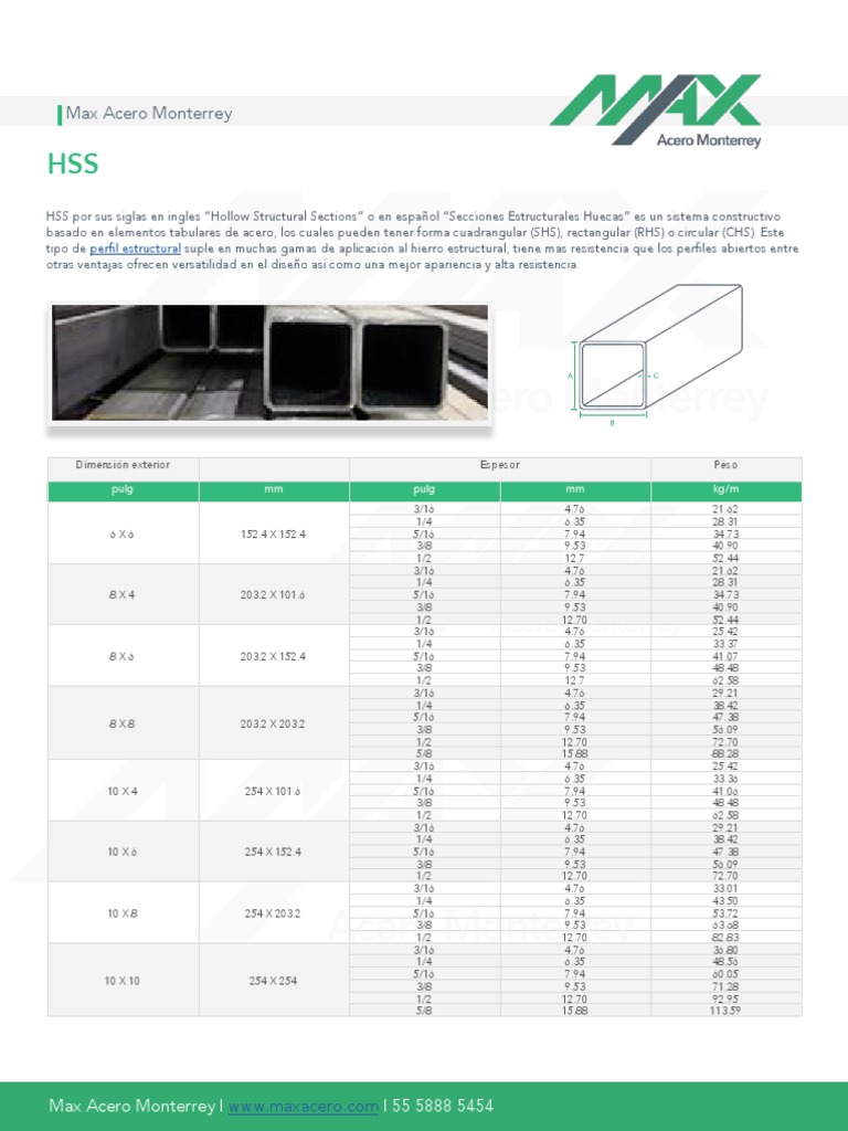 Perfil Hss Ficha Tecnica - Max Acero Monterrey | PDF | Materiales de construcción | Ingeniería ...