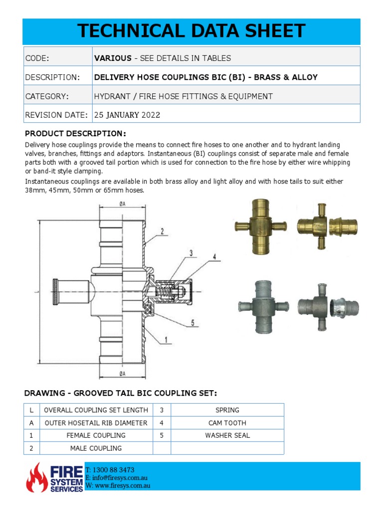 BIC Fire Hose Coupling Data Sheet | PDF | Building Engineering ...