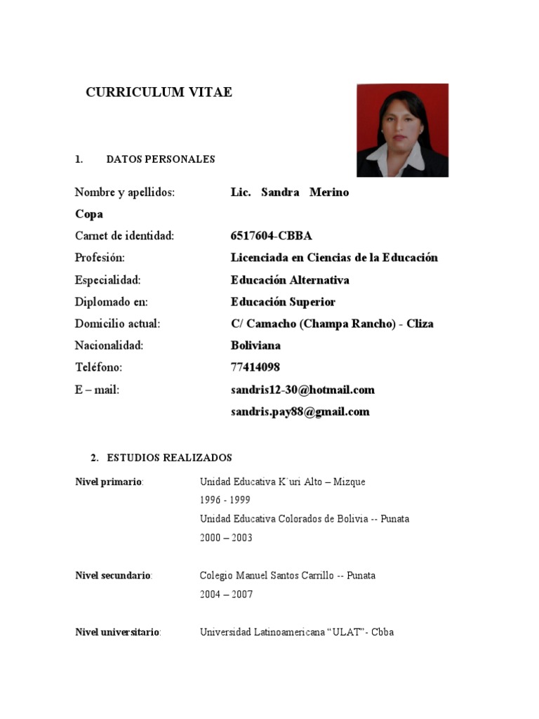 Curriculum Sandra Merino | PDF | Bolivia | Educación más alta
