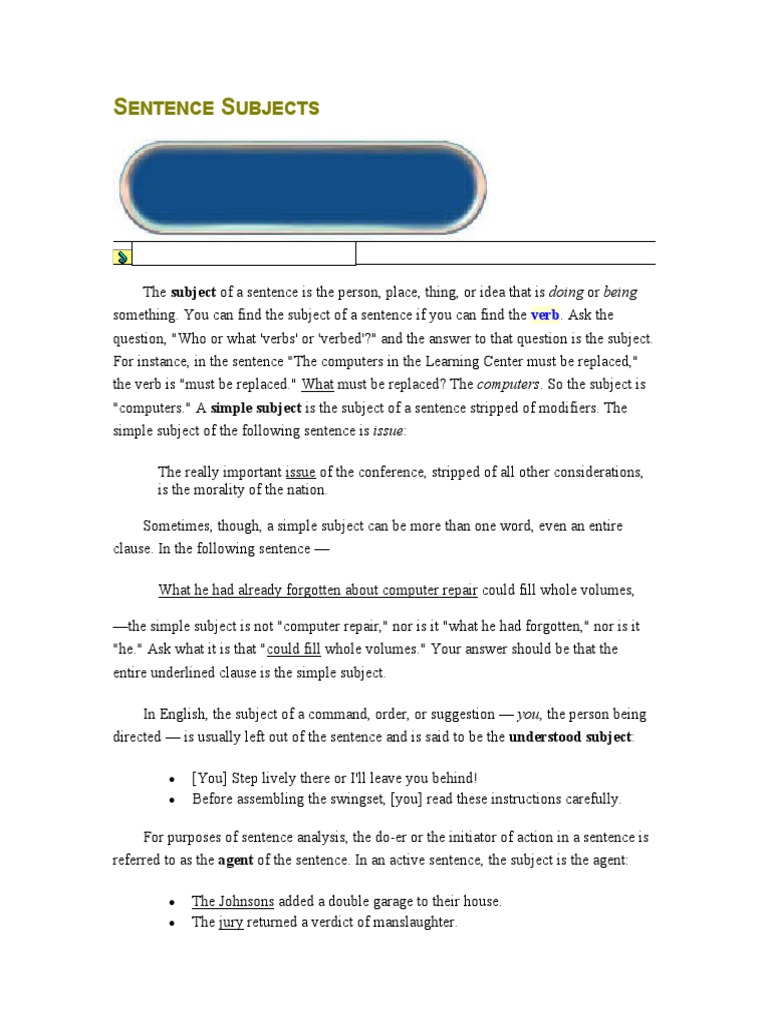 Sentence Subjects | PDF | Subject (Grammar) | Sentence (Linguistics)