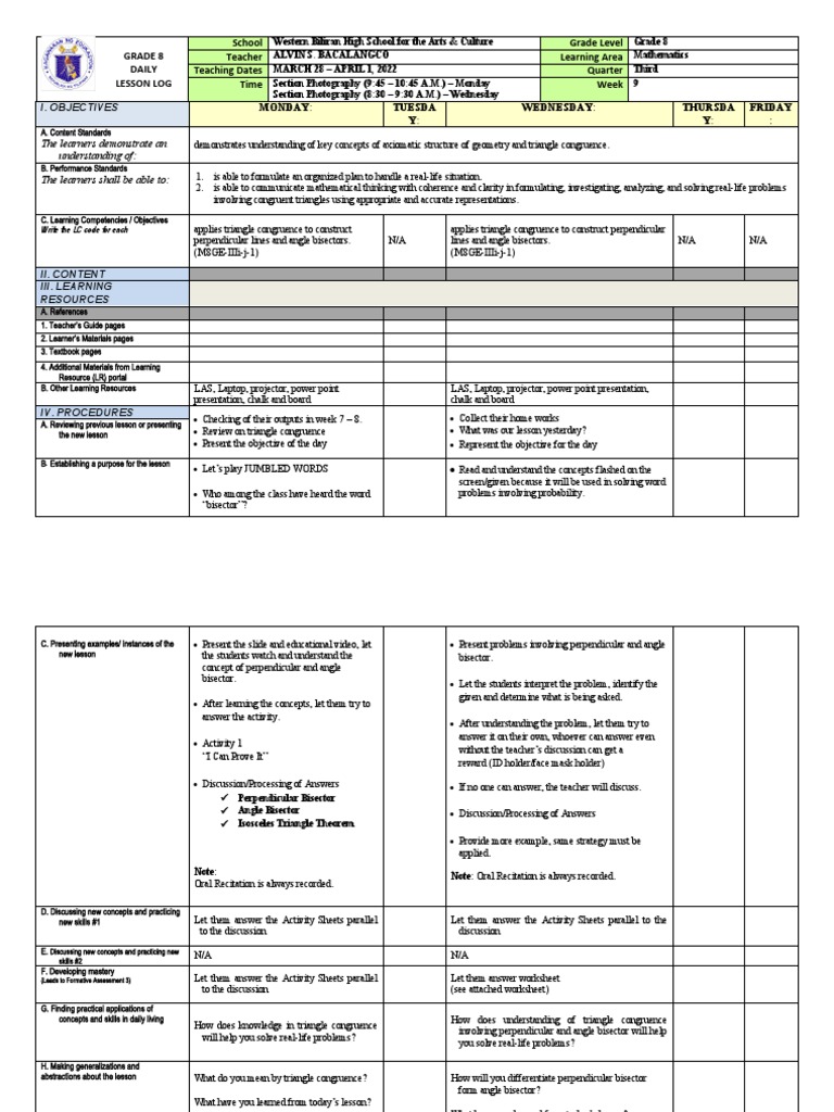 DLL in Math 8 - q3 Week 9 | PDF | Perpendicular | Triangle