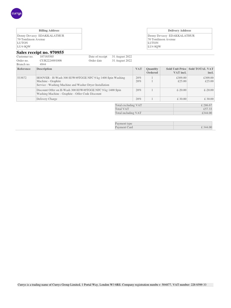 Washing Machine Receipt | PDF | Washing Machine | Receipt