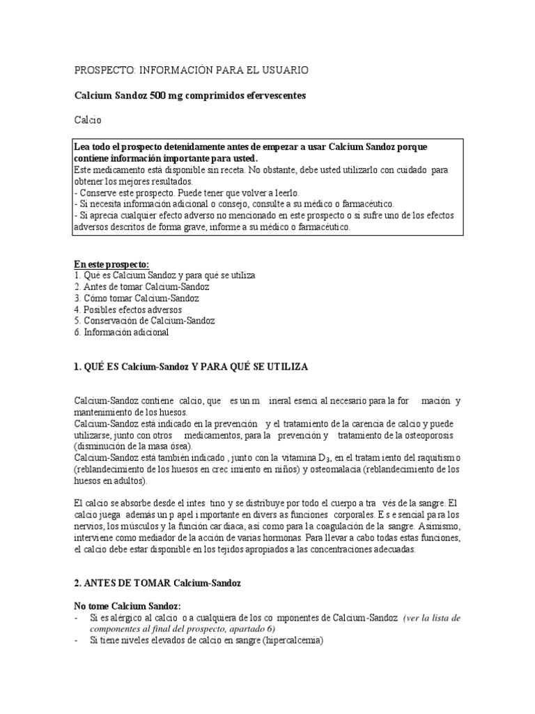 Calcium Sandoz 500 MG Comprimidos Efervescentes: Prospecto: Información ...