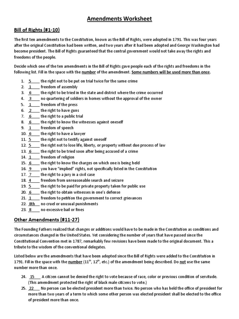 Amendments Worksheet | PDF | United States Bill Of Rights | Presidents ...