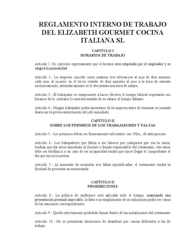 Reglamento Interno de Trabajo Restaurante La Vela | PDF