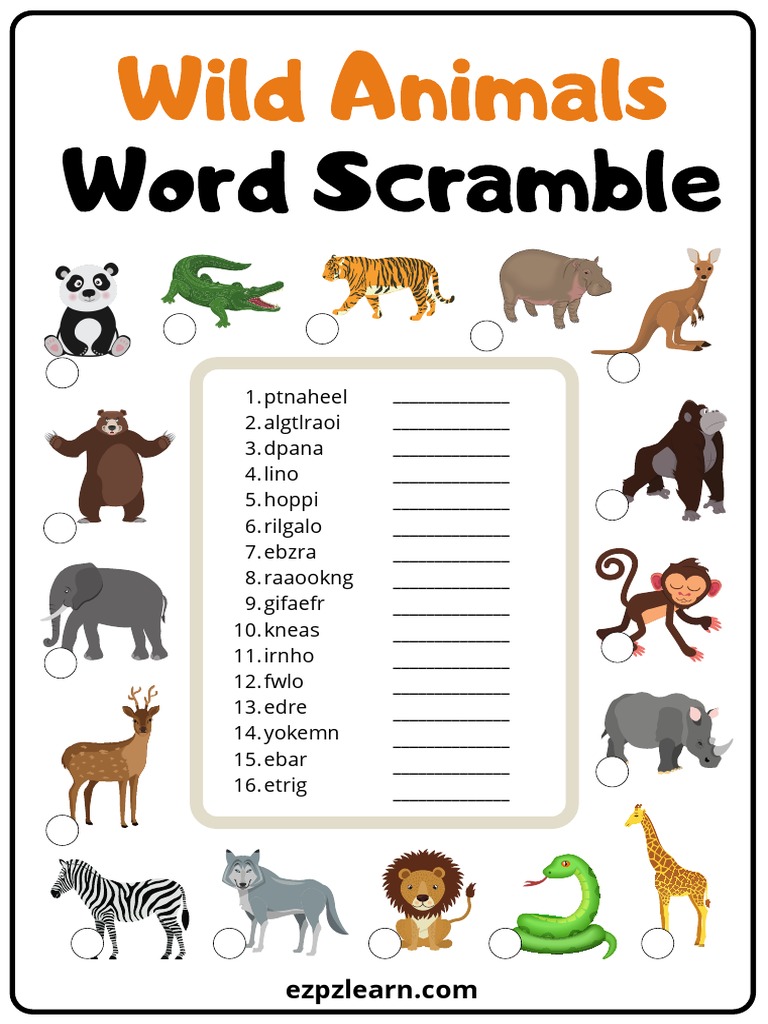 Wild Animals Word Scramble 1 | PDF | Science & Mathematics