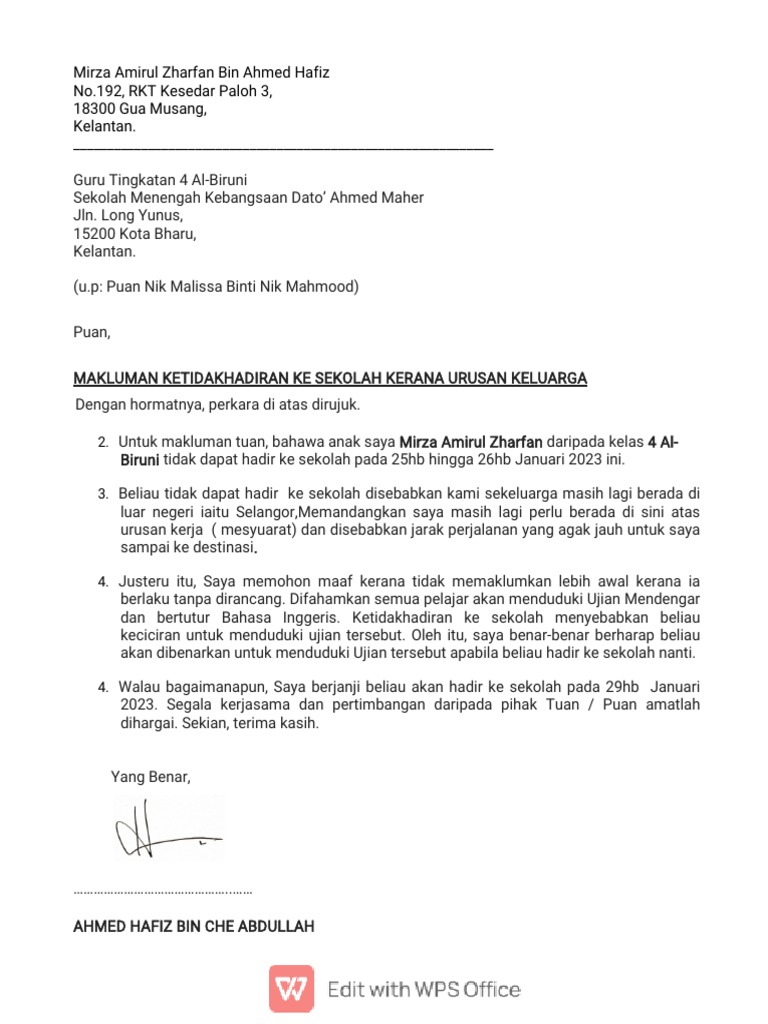 Surat-Tidak-Hadir-Urusan-Keluarga - MIRZA AMIRUL ZHARFAN | PDF