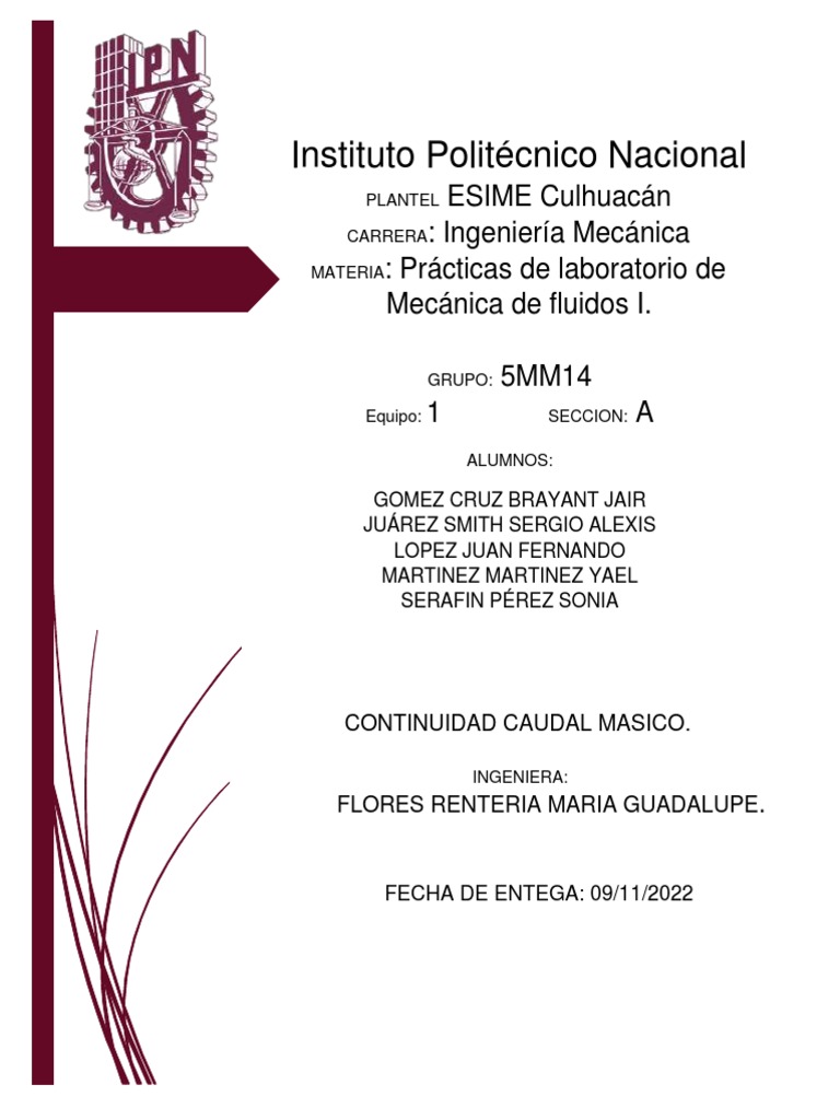 Prac 4 - Caudal Masico - Equipo 1 | PDF | Descarga (hidrología) | Masa