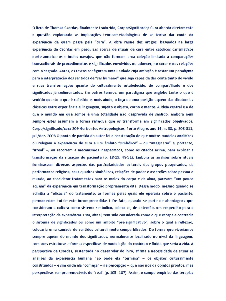 Thomas Csordas Cura | PDF | Experiência | Antropologia