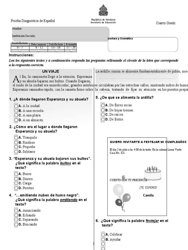 Prueba Diagnóstica 4º Español (2011) | PDF