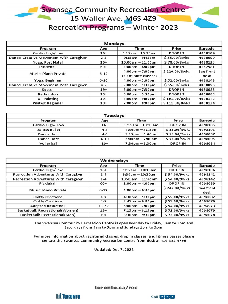 Draft SwanseaCRC - Winter 2023 Program Guide PDF | PDF | Entertainment | Physical Exercise