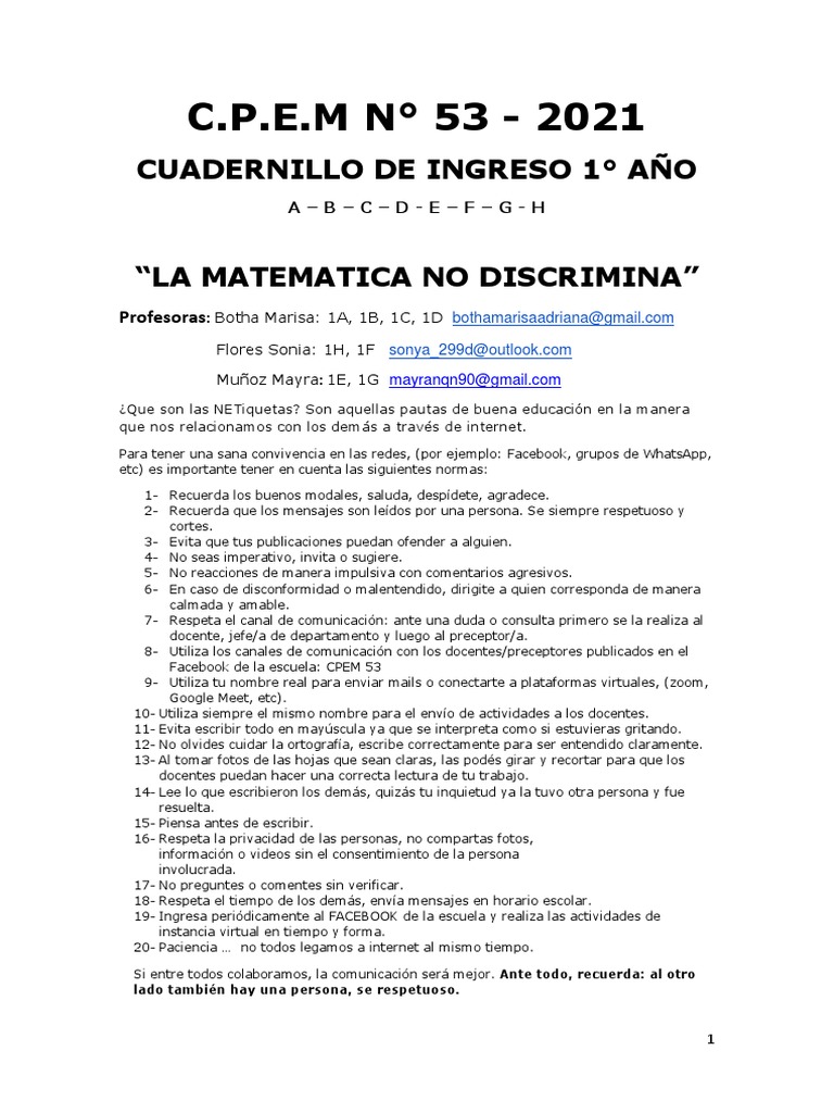 CUADERNILLO INGRESO PRIMER AÑO - CPEM 53 - 2021 - M | PDF | Alimentos ...