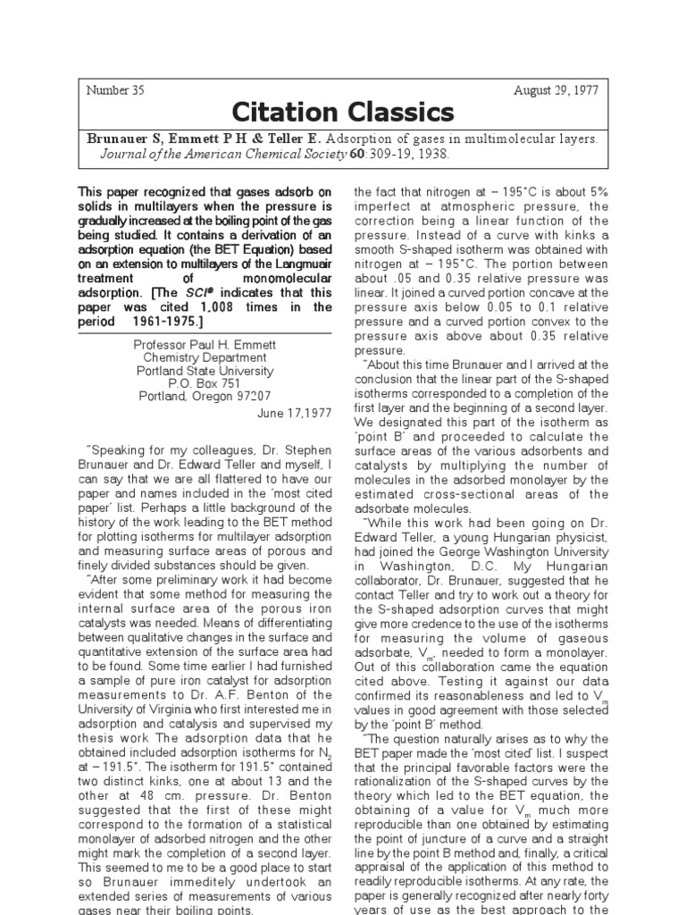 Citation Classics: Brunauer S, Emmett P H & Teller E. Adsorption of ...