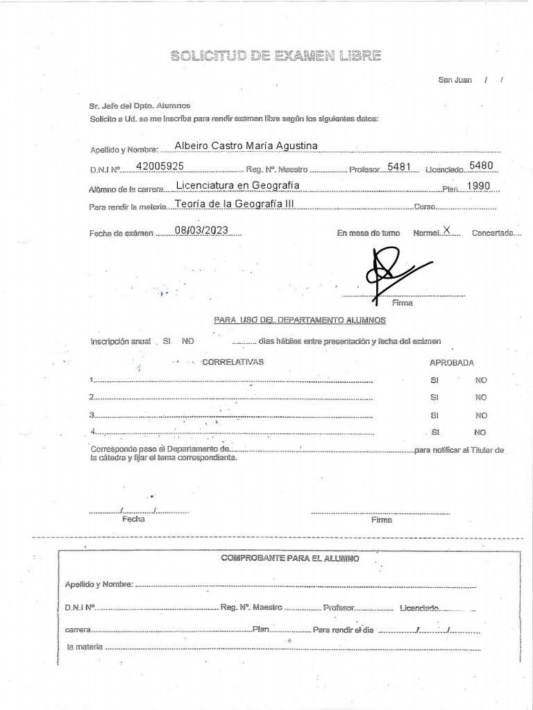 Solicitud Examen Libre Albeiro | PDF
