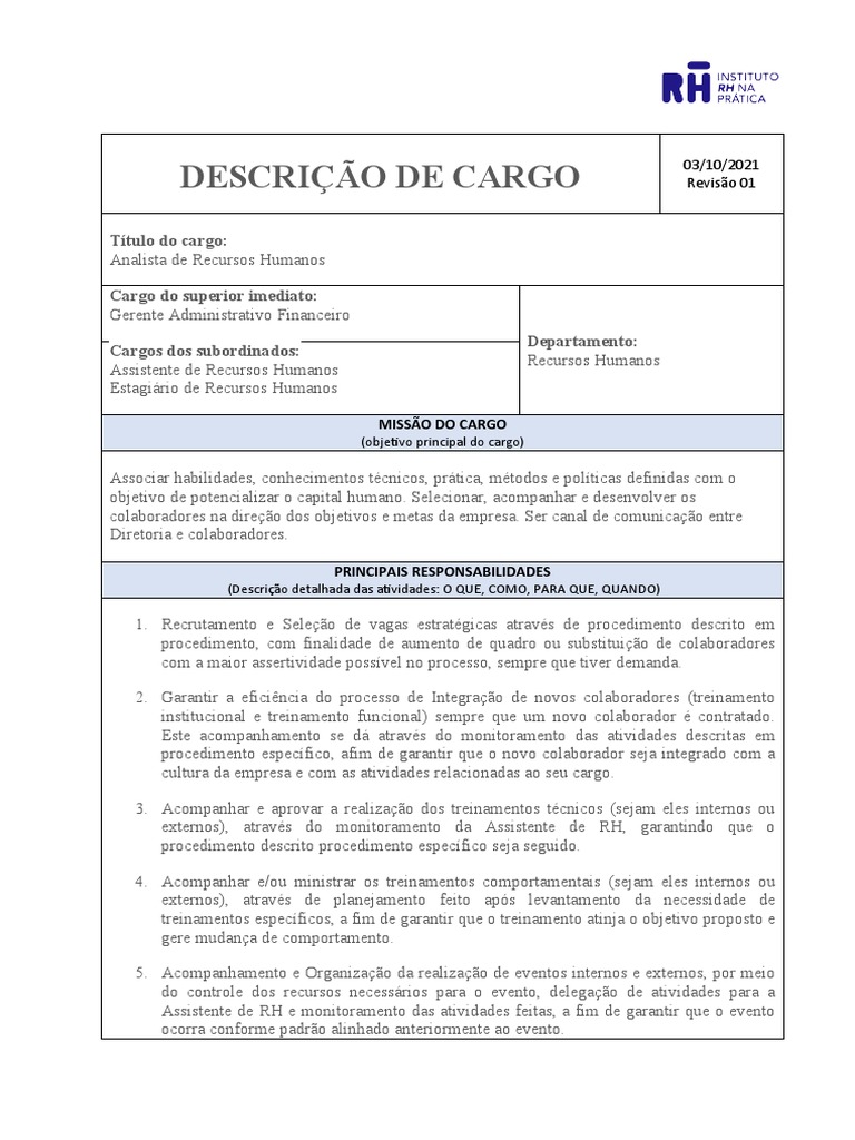 RH Interno - Modelo Descrição de Cargo | PDF | Gestão de recursos ...