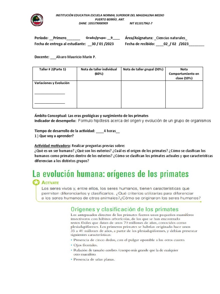 Taller # 2 Origen de Los Primates | PDF | Evolución | Science