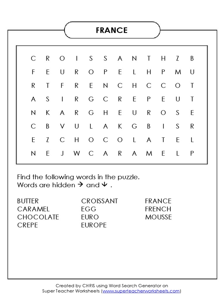 France Wordsearch Thursday PDF | PDF | Word Search | Linguistics