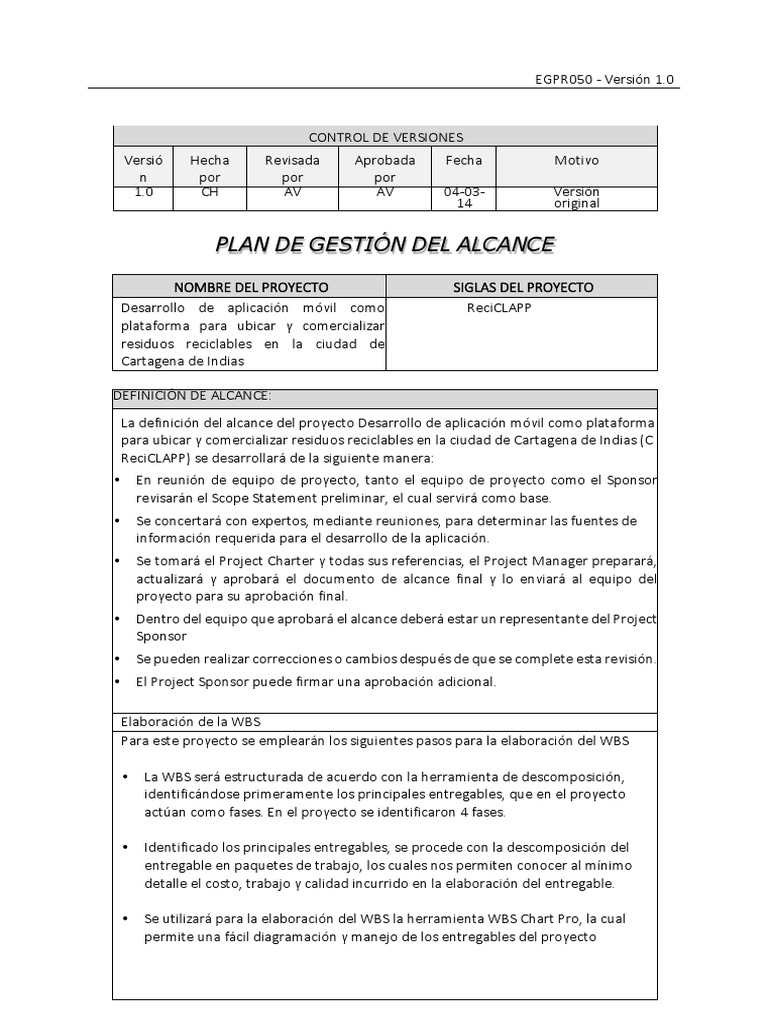 EGPR - 050 - 06 - Plan de Gestiขn del Alcance PARTE 1 | PDF | Informática | Business