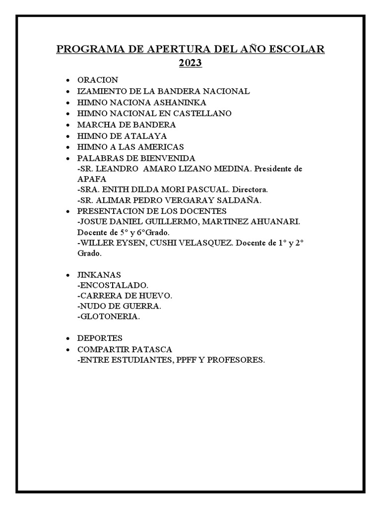 PROGRAMA DE APERTURA DEL AÑO ESCOLAR 2023.docx | PDF