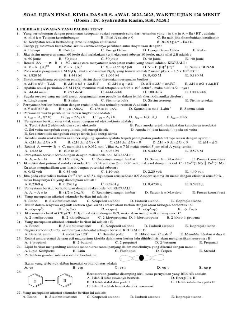 SOAL FINAL KIMIA DASAR S.AWAL 2022-2023 | PDF