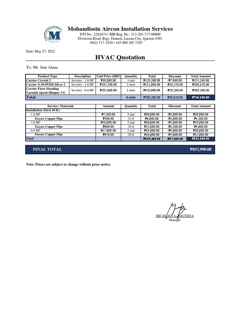 Mohandissin HVAC Quotation - Jian Alana (Ridgewood) PDF | PDF | Economy ...
