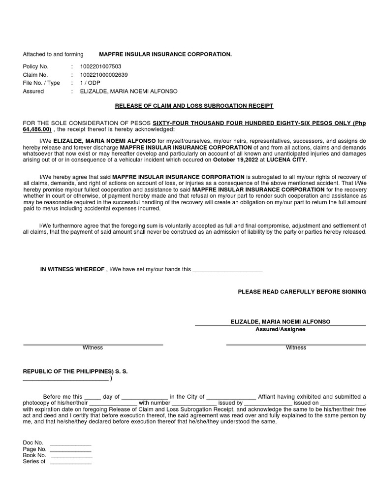 Release of Claim and Subrogation Receipt | PDF | Insurance | Subrogation