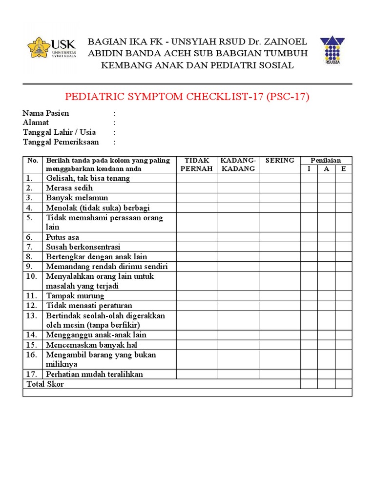 Pediatric Symptom Checklist PSC-17 | PDF