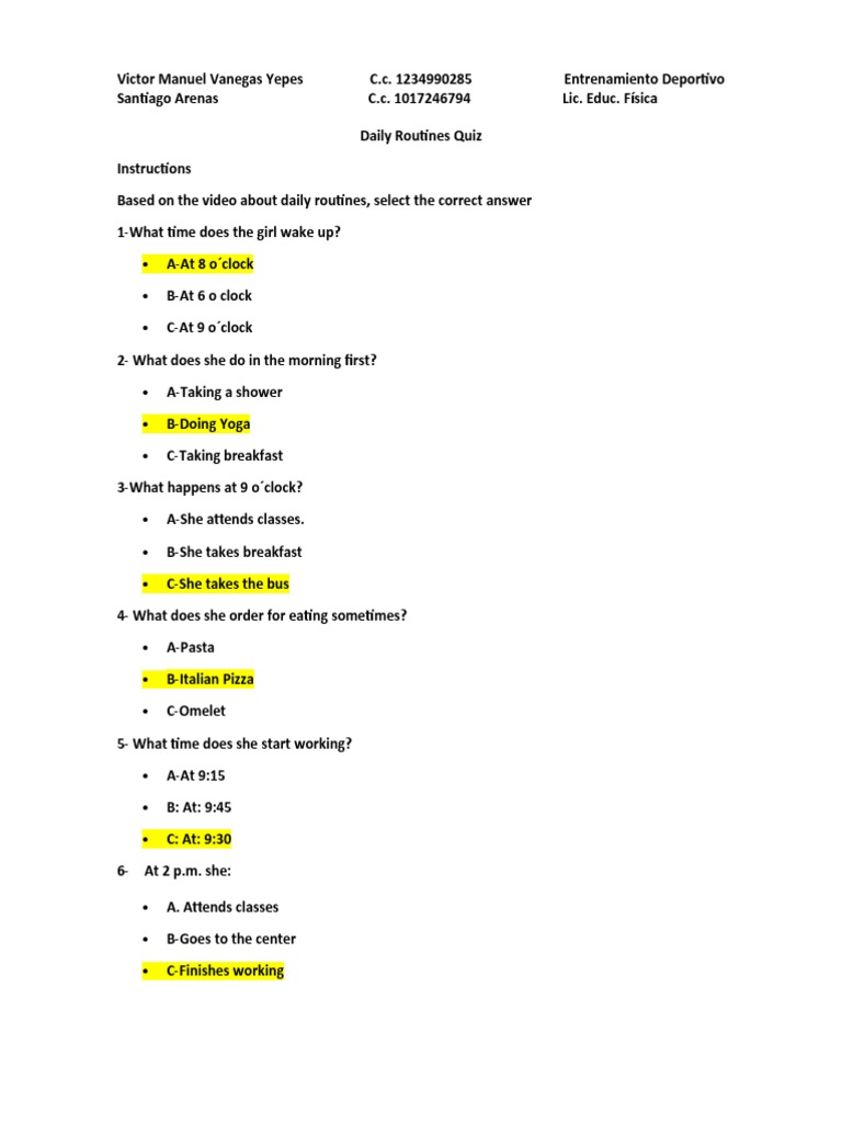 Daily Routines Quiz Instructions | PDF | Self-Improvement