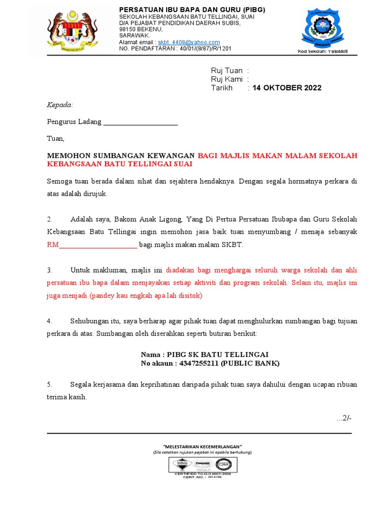 Chunto Surat Memohon Spunsa Ngagai Kontraktor Tauka Ladang Bukai | PDF