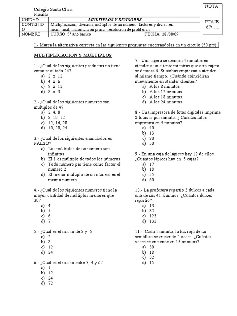 Prueba de Multiplos y Divisores 5° | PDF | Matemáticas | Matemáticas ...