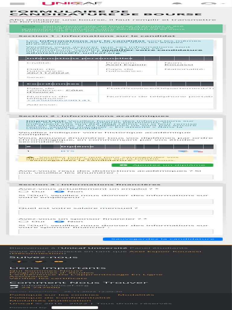 Formulaire de Candidature de Bourse - Unicaf Université | PDF