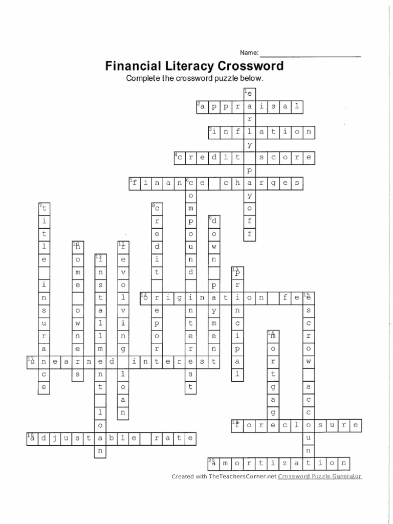 Financial Literacy Crossword Puzzle | PDF
