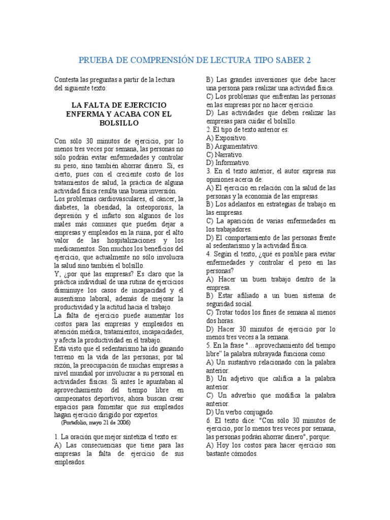 Prueba de Comprensión de Lectura Tipo Saber 4 | PDF