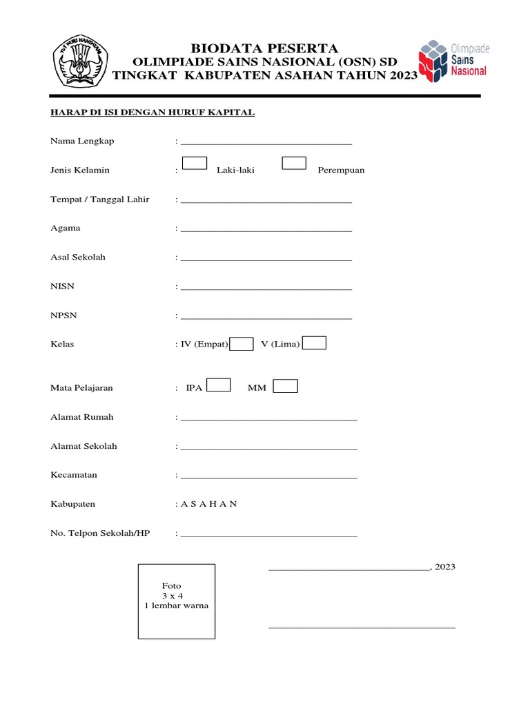 Formulir Pendaftaran Peserta Osn Tahun 2023 | PDF