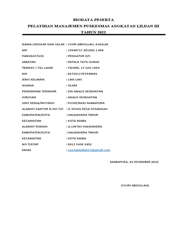 Biodata Peserta | PDF