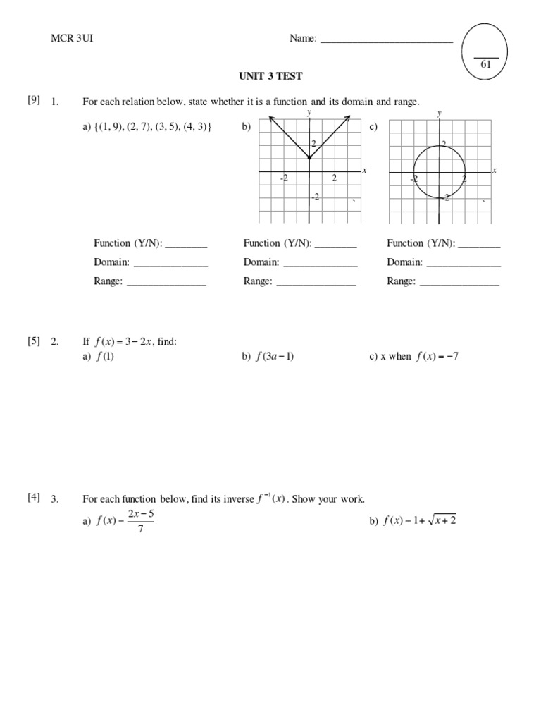 Unit 3 Test: Functions and Inverses | PDF | Function (Mathematics ...
