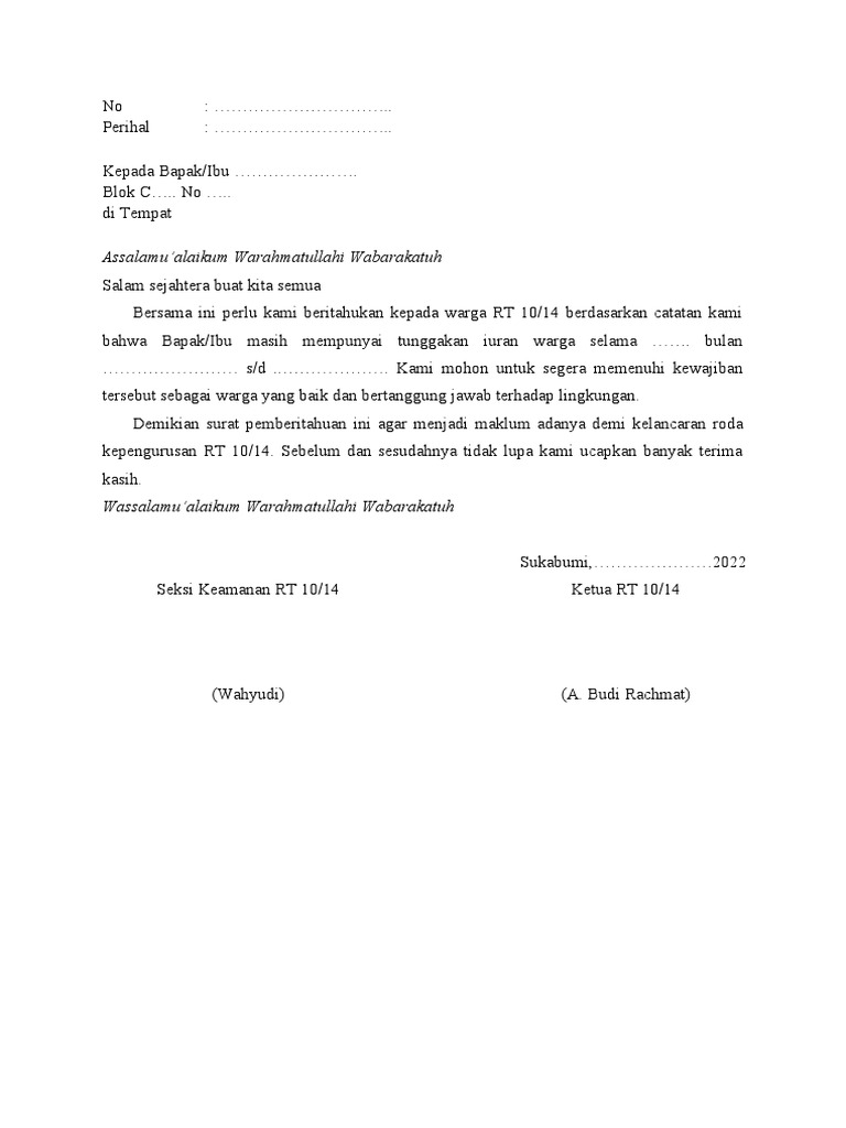 Surat Permohonan Iuran Warga | PDF