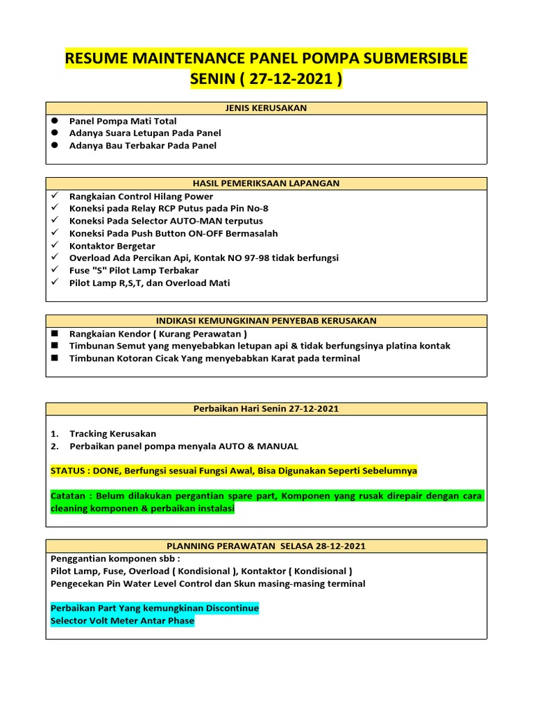 Resume Maintenance Panel Pompa Submersible | PDF