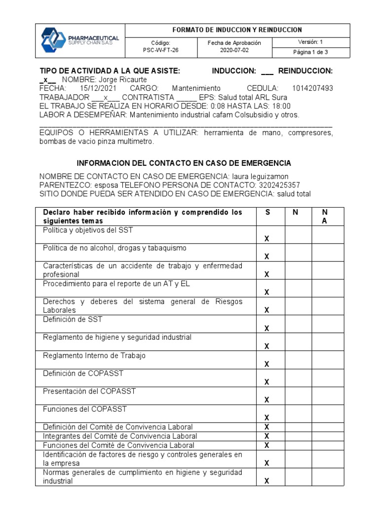 PSC-W-FT-26 Formato de Induccion y Reinduccion SG-SST Jorge Ricaurte | PDF