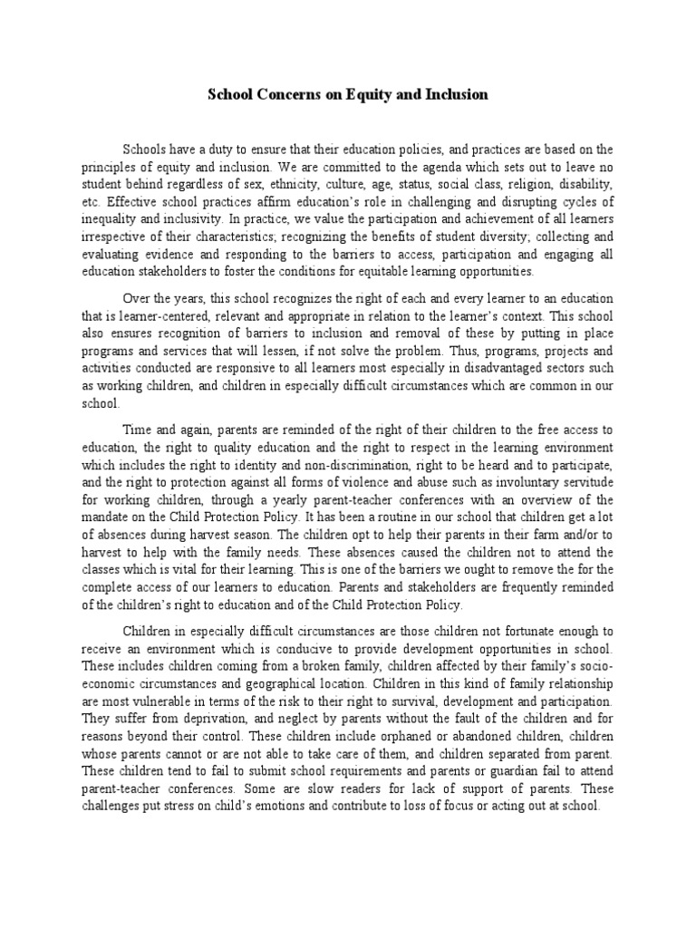 School Concerns Om Equity and Inclusion | PDF | Learning | Child Neglect