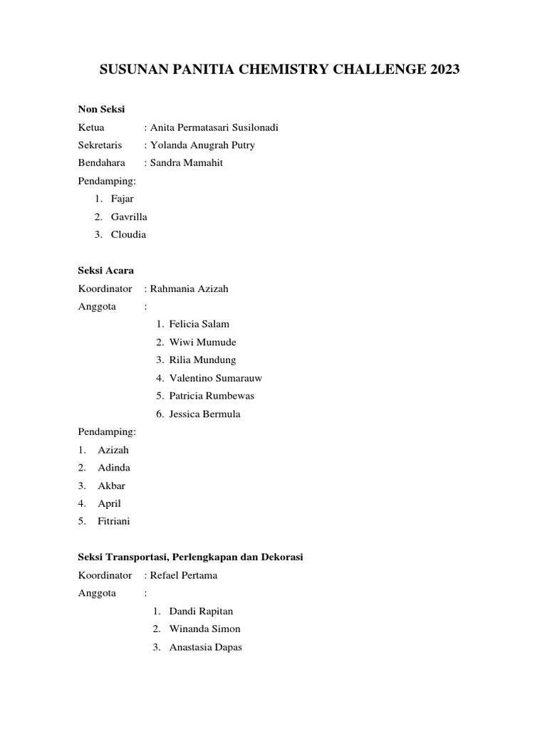 Susunan Panitia Dan Pendamping Chemistry Challenge 2023 | PDF | Ilmu Sosial