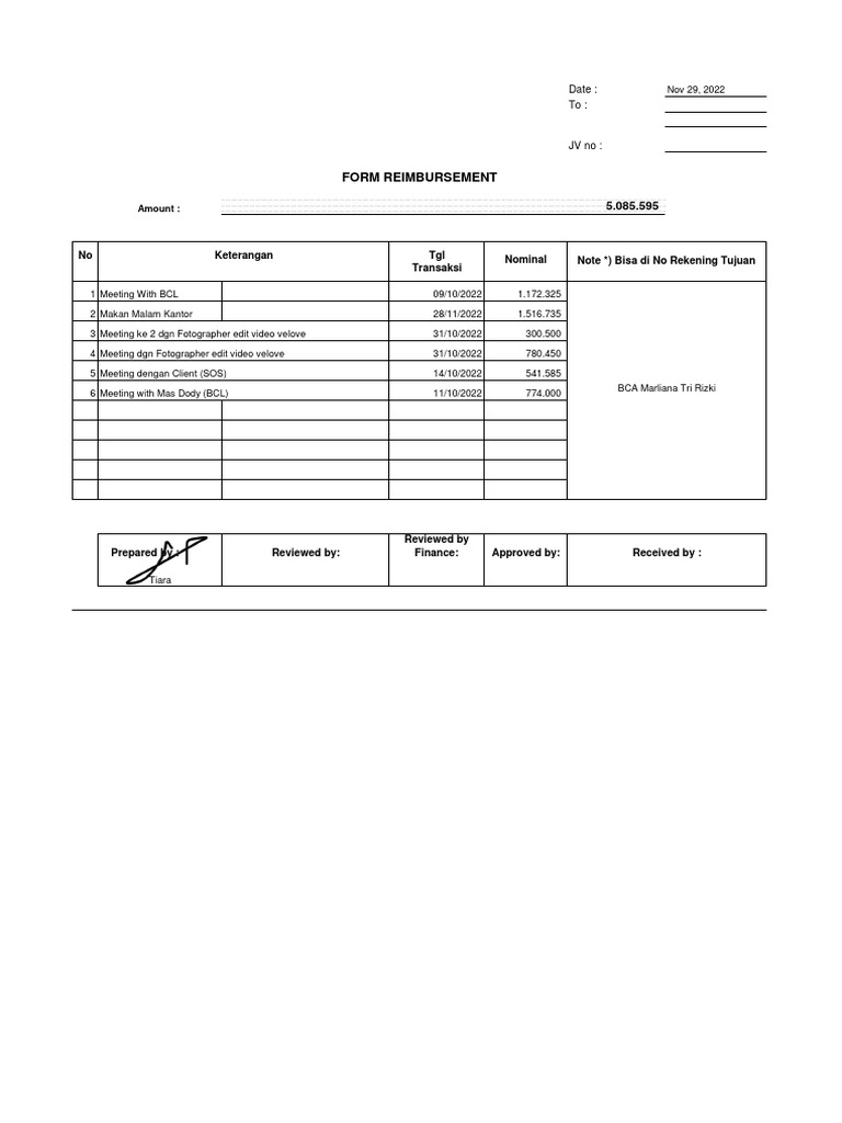 Form Reimbursement - Entertain Kantor | PDF