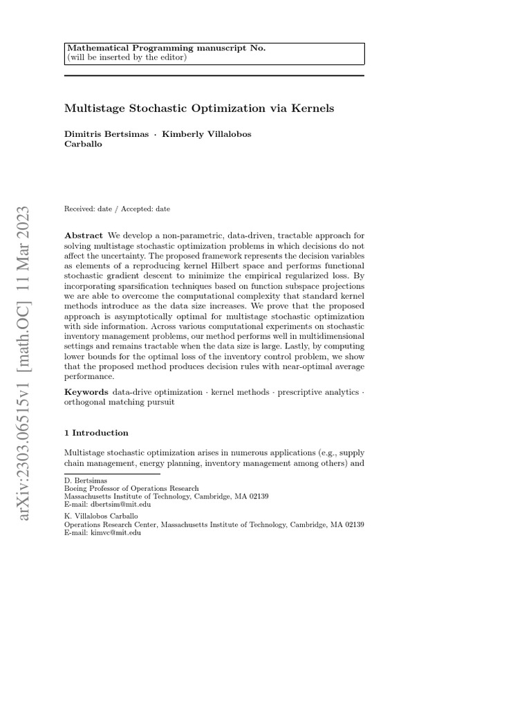 Multistage Stochastic Optimization Via Kernels A Non Parametric Data Driven Approach For 